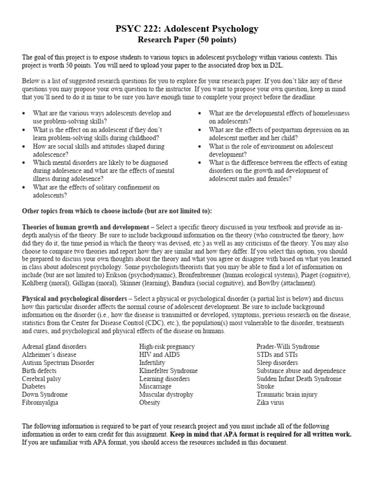 Psyc 222 Research Project Explanation and Rubric | PDF | Adolescence ...