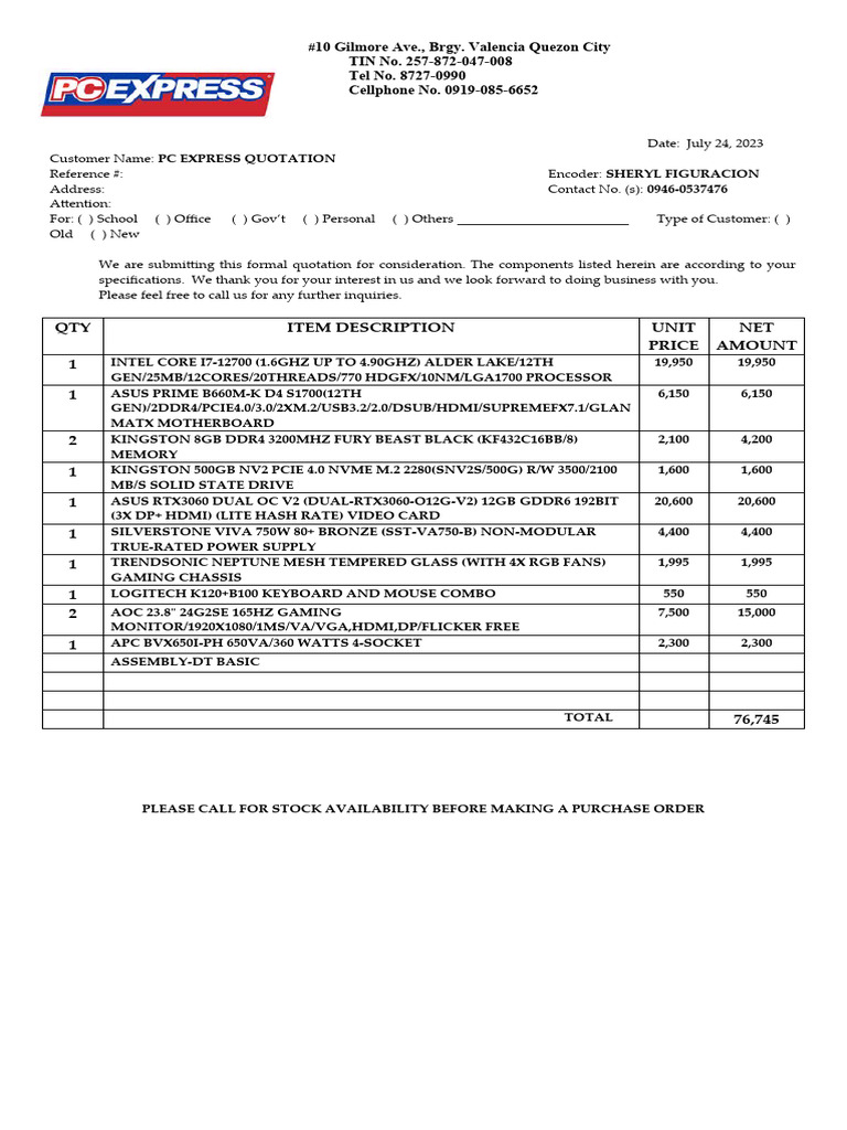 PC Express Quotation I7 12TH Gen RTX3060 072423 | Download Free PDF | Computer Hardware | Computing