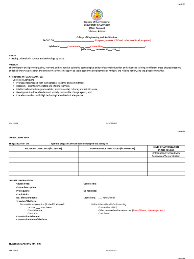 University of Antique Course Syllabus | PDF | Learning | Cognition