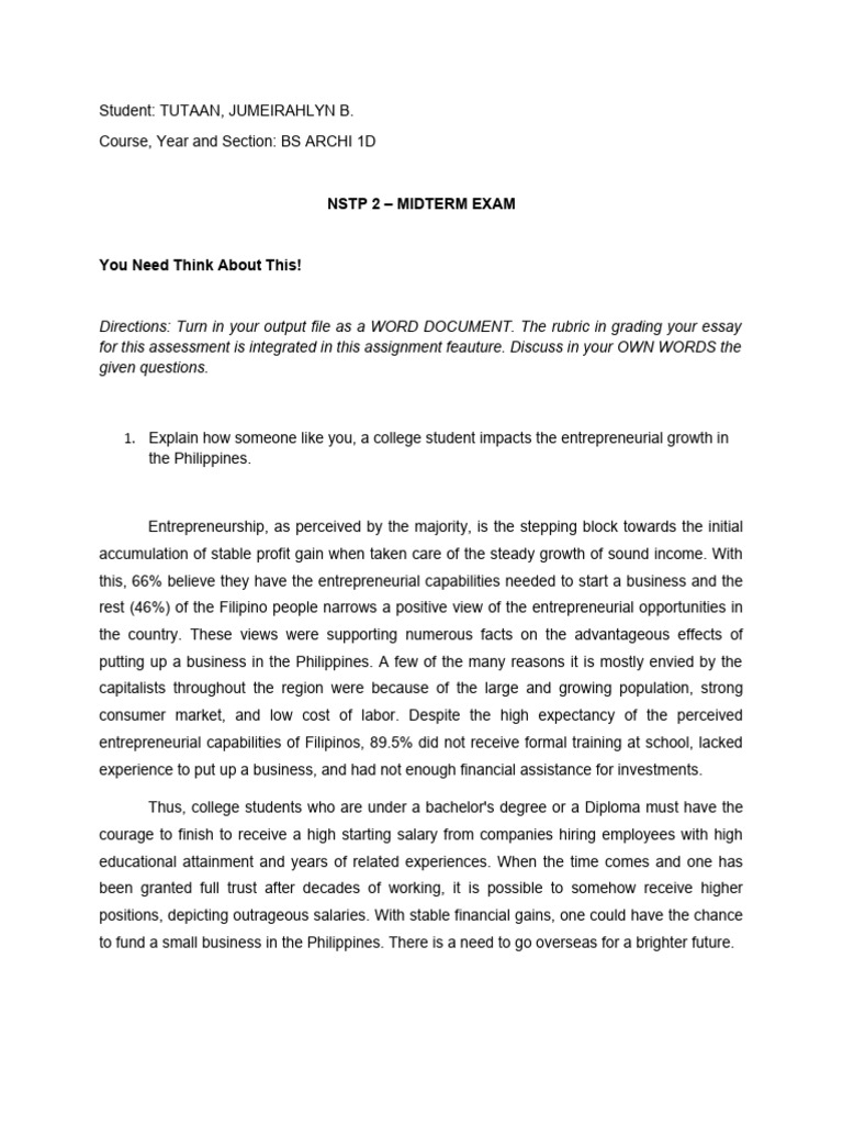 Tutaan, Jumeirahlyn B NSTP2 Midtermexam | PDF | Self-Improvement