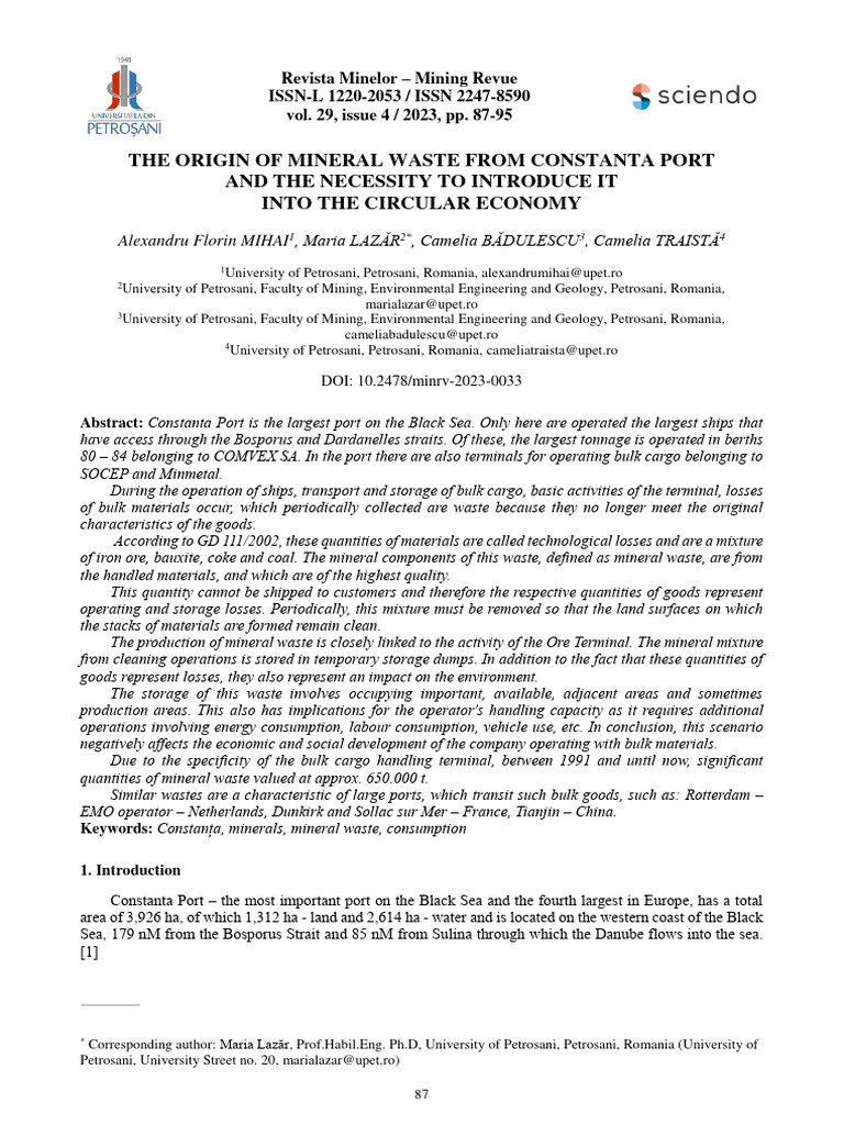 The Origin of Mineral Waste From Constanta Port and The Necessity To ...