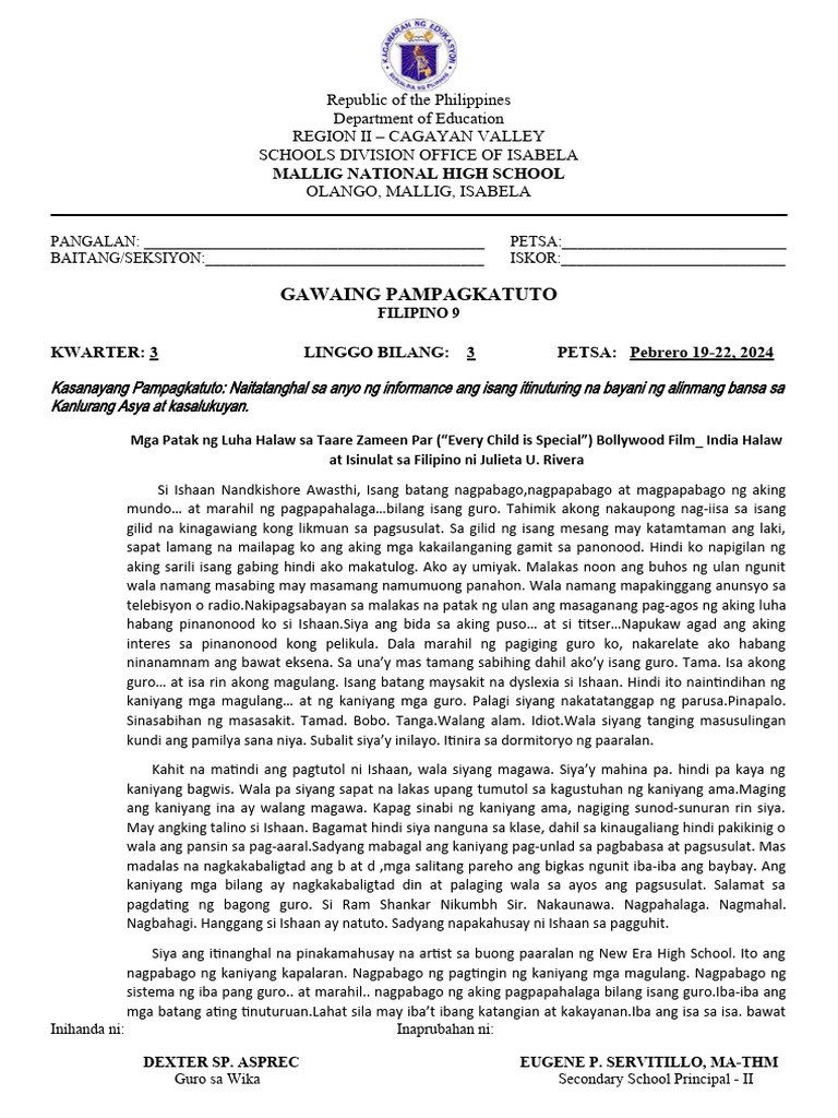 Acitivity-Sheet-FILIPINO 9 - Q3 - W3 | PDF