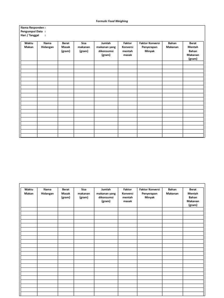Formulir Food Weighing | PDF