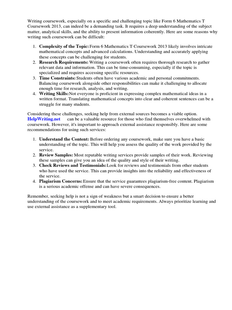 Form 6 Mathematics T Coursework 2013 | PDF | Mathematics | Understanding