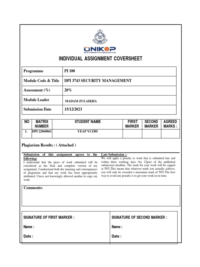 DPI 3743 Security Management Assignment 1 | PDF | Computer Security ...