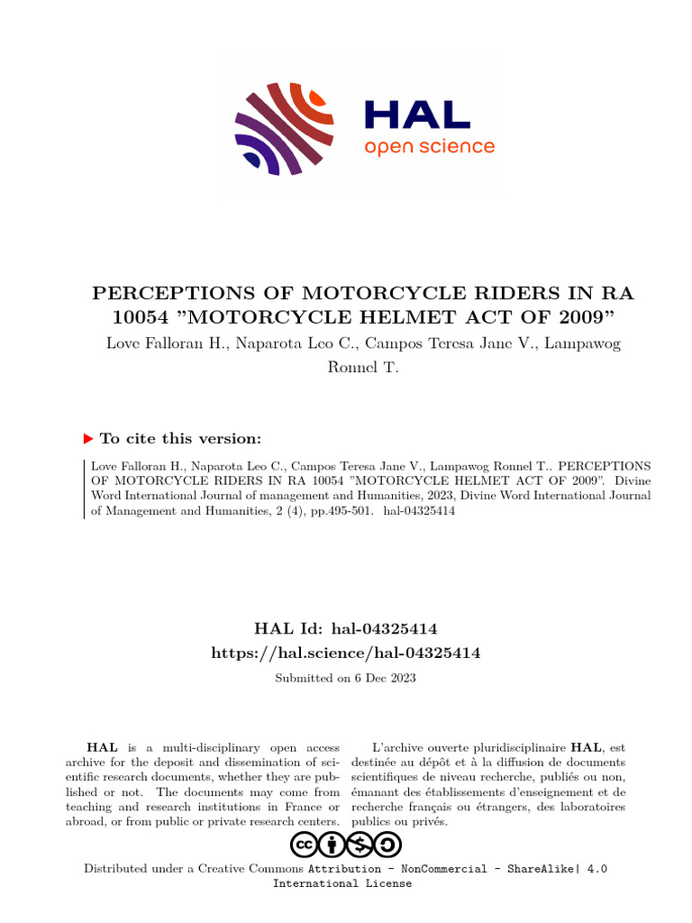 Motorcycle Helmet Act Perceptions | PDF | Traffic Collision | Transport