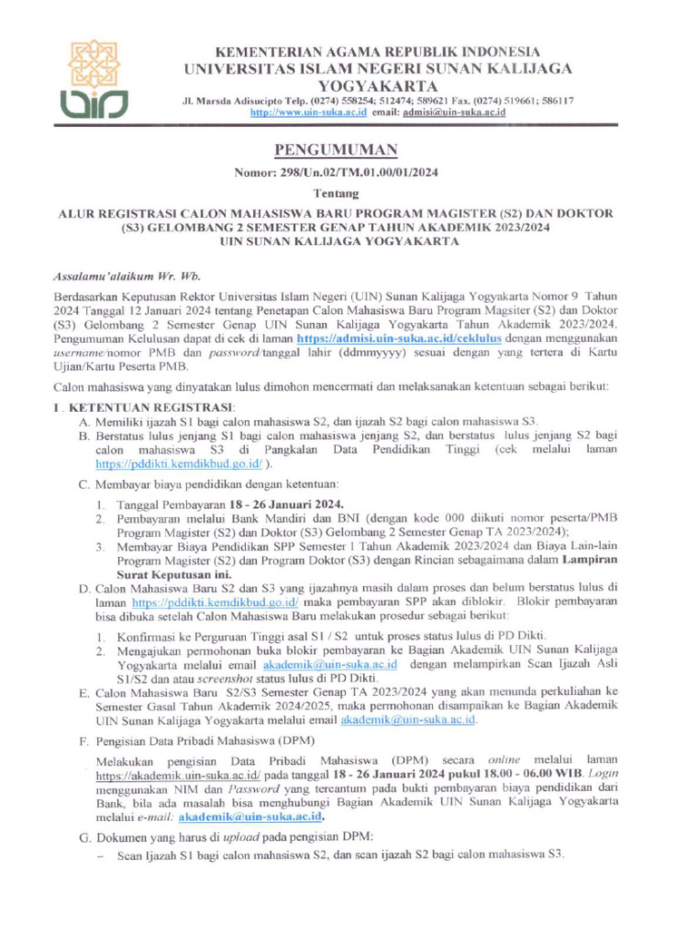 Pengumuman Alur Registrasi PMB S2 S3 Genap 2 2023 | PDF