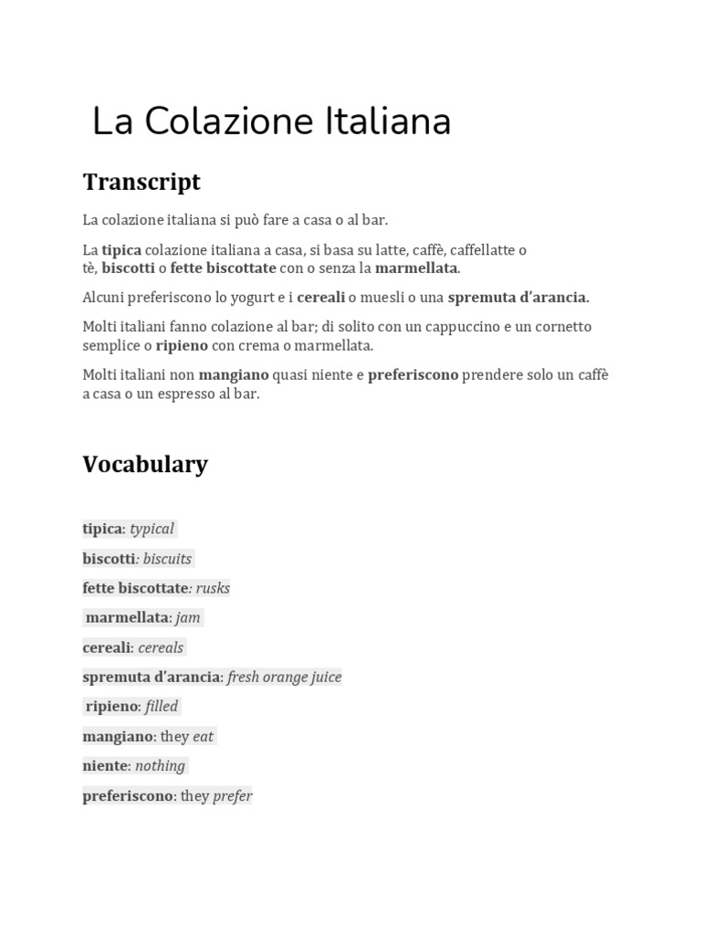 La Colazione Italiana | PDF