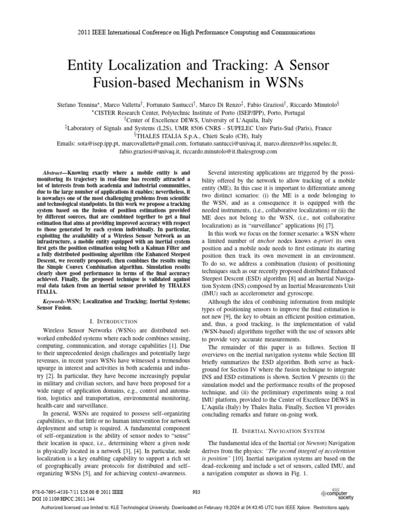 Entity Localization and Tracking A Sensor Fusion-Based Mechanism in WSNs | PDF | Kalman Filter ...