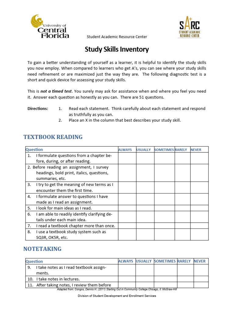 Inventory of College Level Study Skills | PDF | Study Skills | Learning