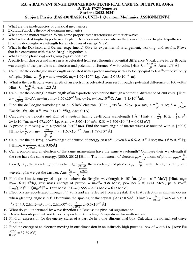 2023-2024 - Assignment-I Unit-I-Sem I - Quantum Mechanism | PDF | Electronvolt | Electron
