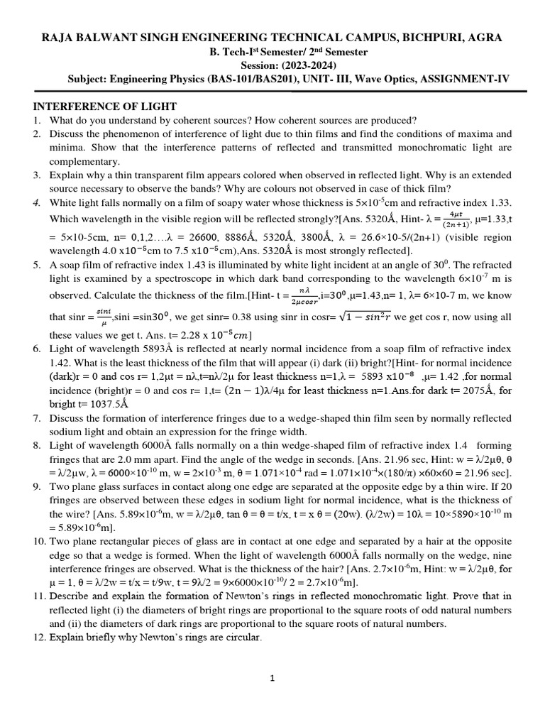2023-2024 - Assignment-IV Unit-III-Sem I - Wave Optics | PDF | Teaching Methods & Materials ...