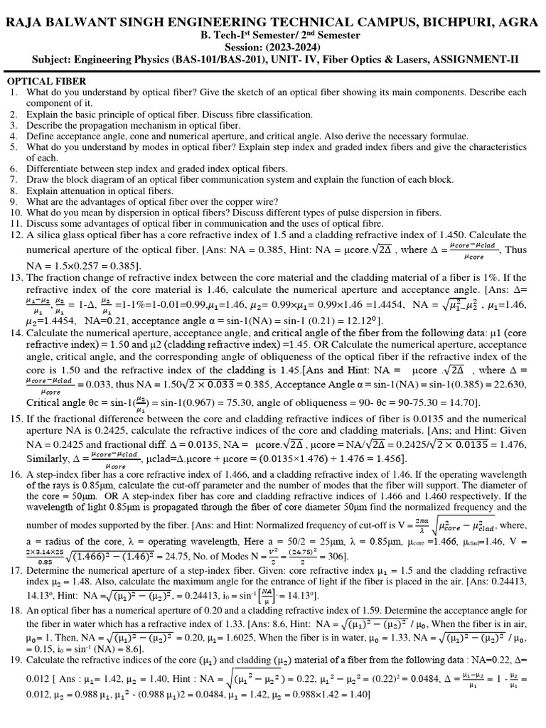 Engineering Physics Assignment | PDF | Optical Fiber | Refractive Index
