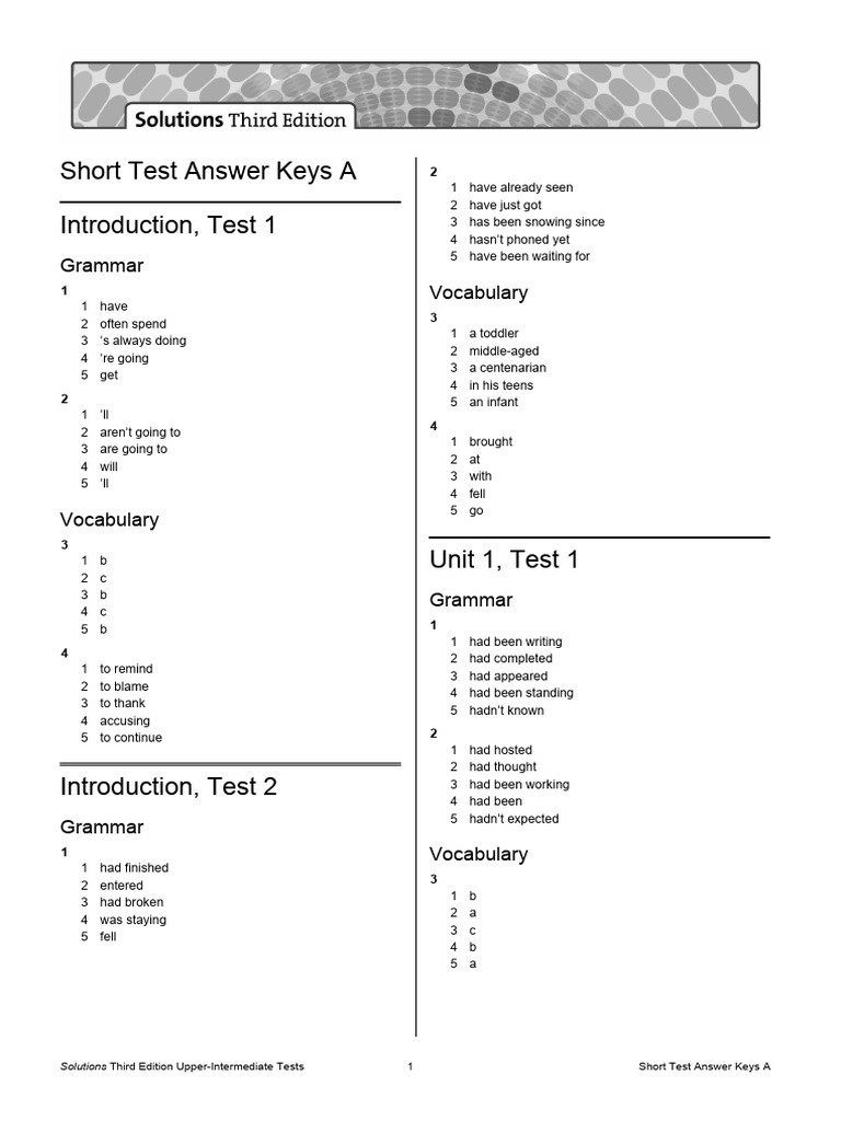Sol3e Uppint Short Test Answer Keys A | PDF Sol3e Uppint Short Test Answer Keys A | PDF