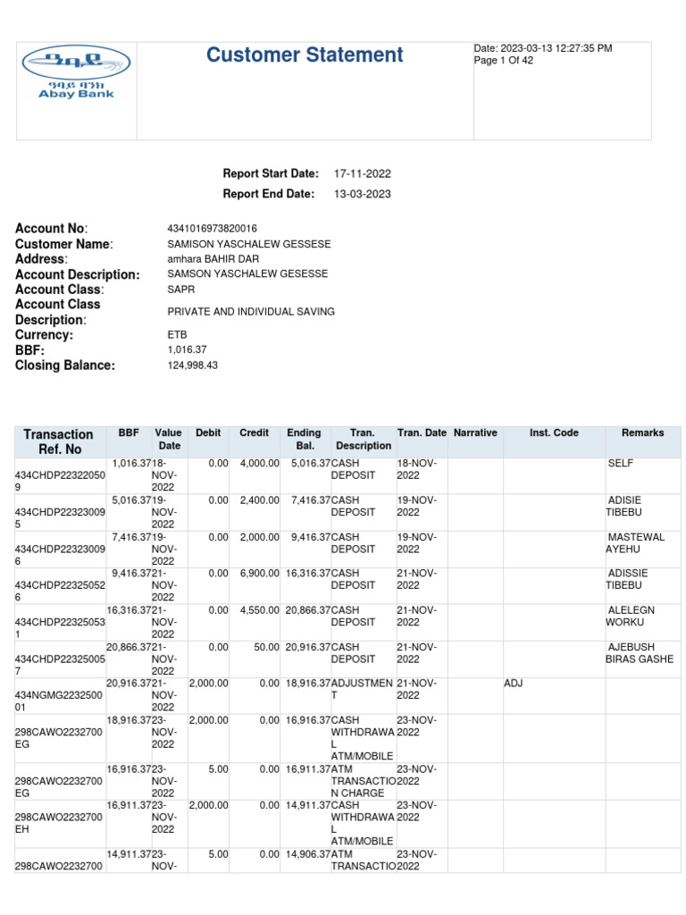 Customer Statement Using TRN REF NO-233 (Sami) | PDF | Transaction ...