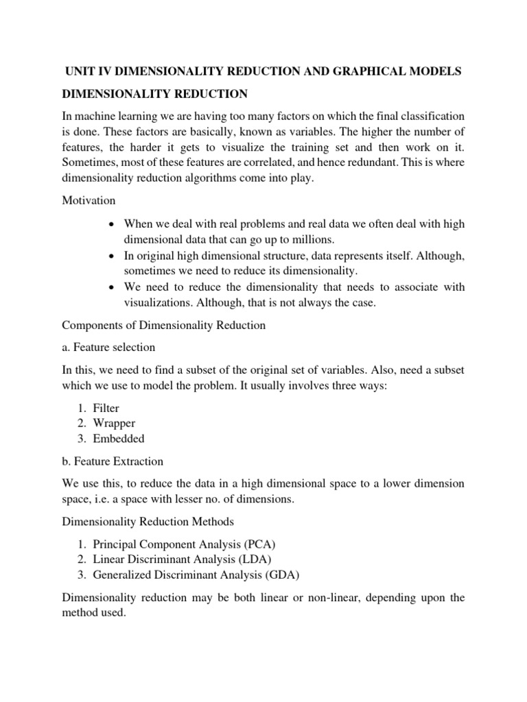 Unit - IV - DIMENSIONALITY REDUCTION AND GRAPHICAL MODELS | PDF | Principal Component Analysis ...