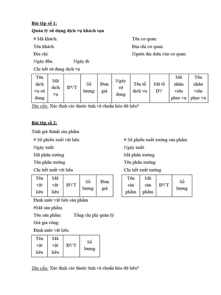 (PTTK HTTT) Bài tập tìm thuộc tính và chuẩn hoá | PDF