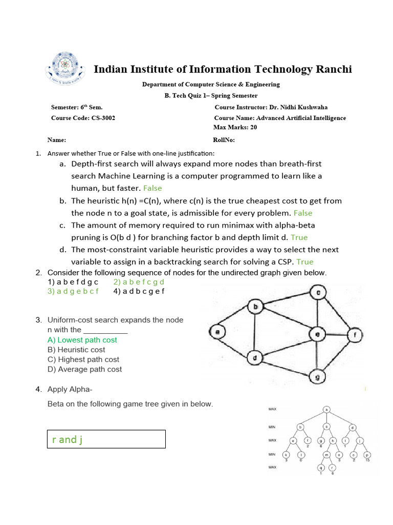 AI Quiz 1 Solutions | PDF | Combinatorics | Theoretical Computer Science