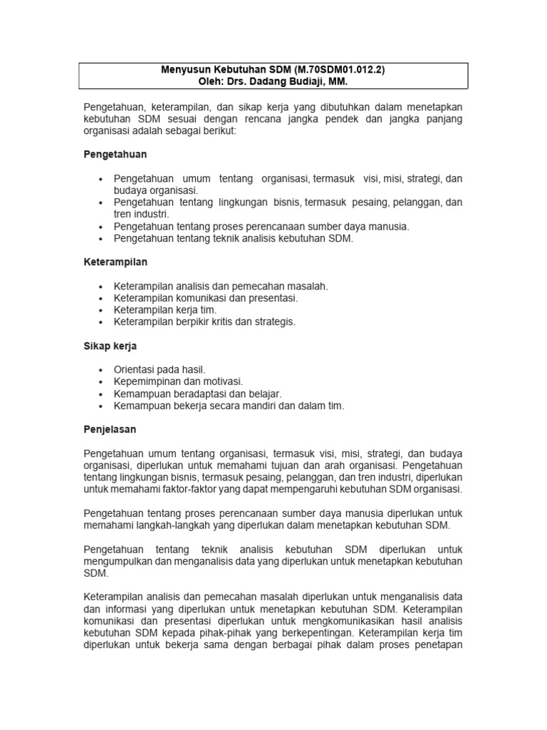 12-Menyusun Kebutuhan SDM Sesuai SKKNI MSDM 2020 by Dadang Budiaji | PDF