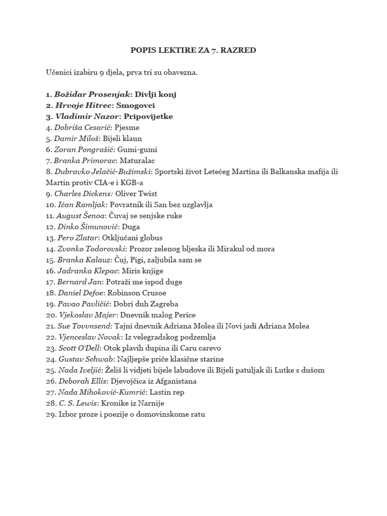 Popis Lektire Za 7 | PDF