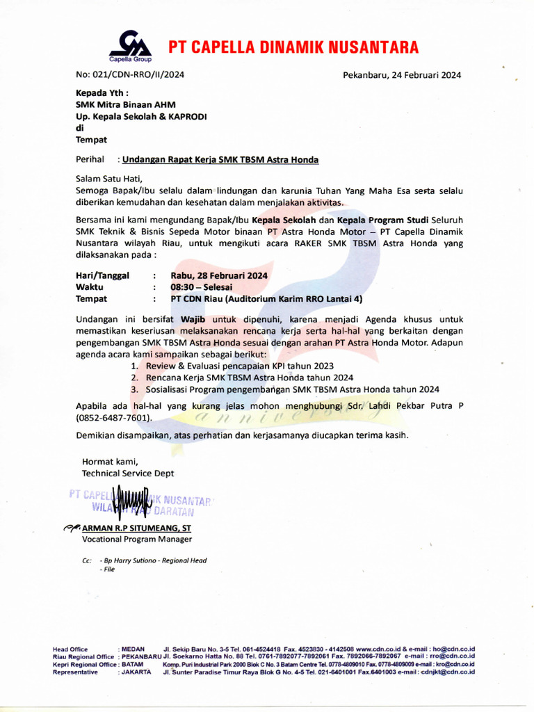 Reschedule Surat Undangan Raker TBSM Honda 2024. | PDF