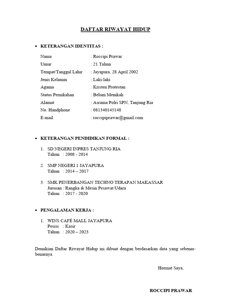 Daftar Riwayat Hidup Roccipi Prawar | PDF
