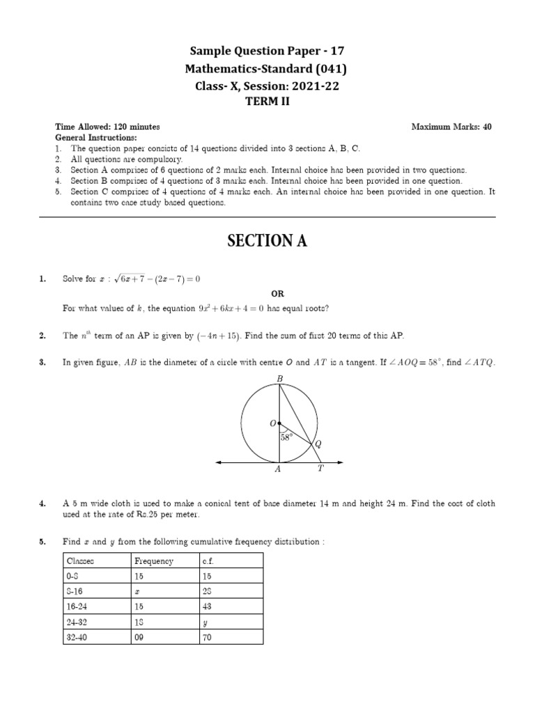 Mathematics Standard (Term-2) 2022 Set - 17 | PDF | Circle | Perpendicular