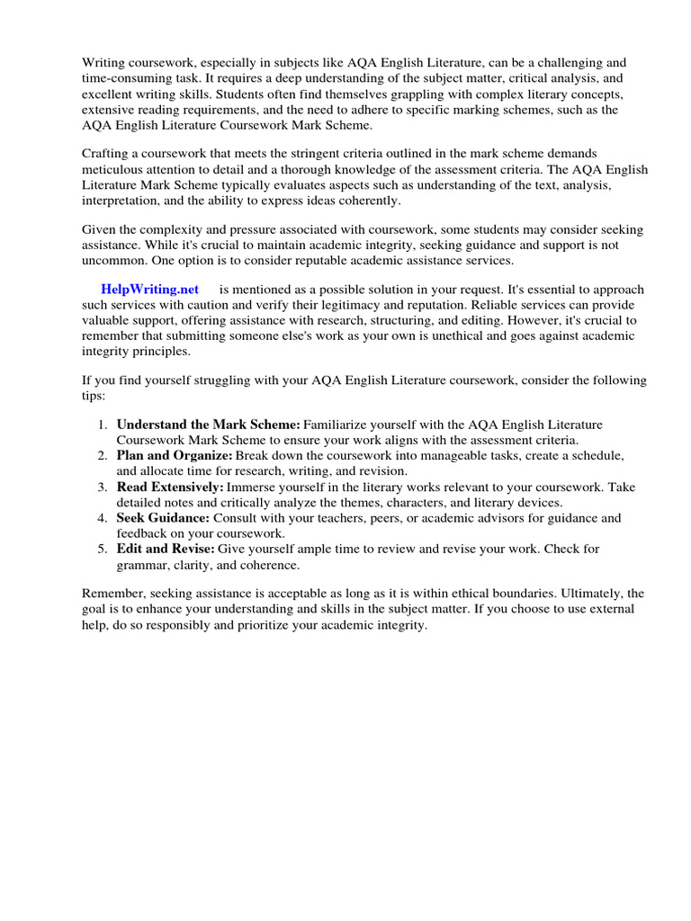 Aqa English Literature Coursework Mark Scheme | PDF | Facebook | Linked In