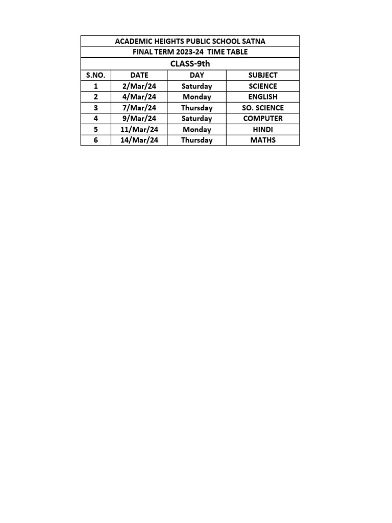 Class 9 Final Term Time Table 2023-24 | PDF | Social Science | Science ...