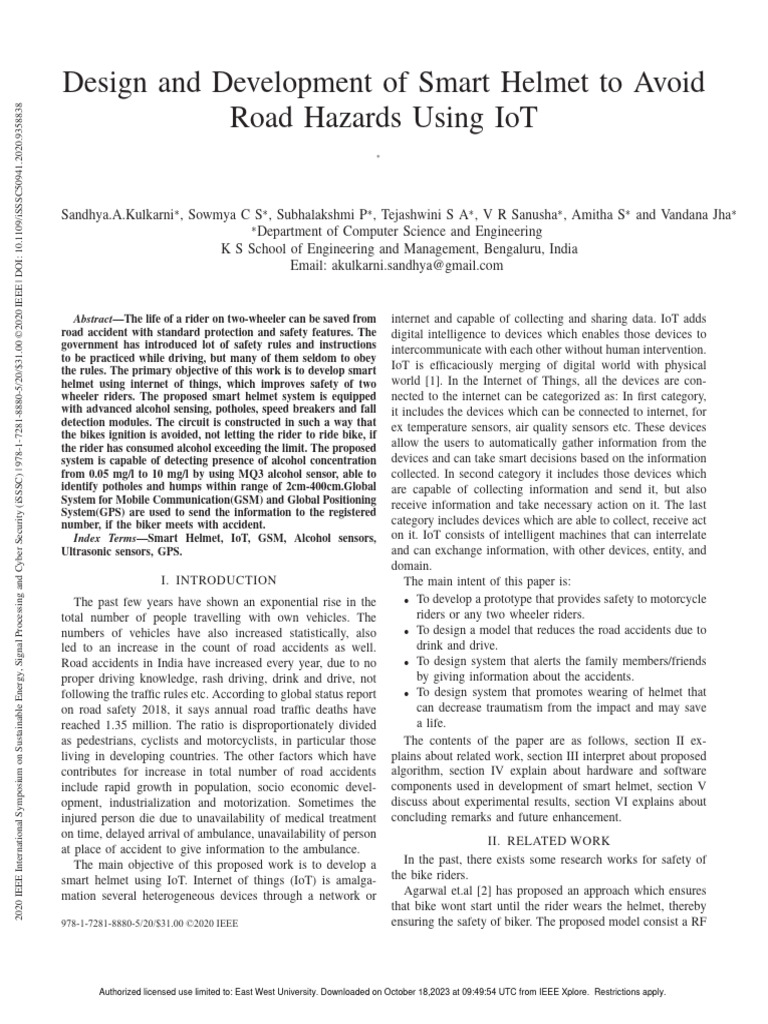 Design and Development of Smart Helmet To Avoid Road Hazards Using IoT | PDF | Internet Of ...