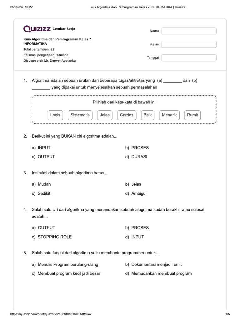 Kuis Algoritma Dan Pemrograman Kelas 7 INFORMATIKA - Quizizz | PDF