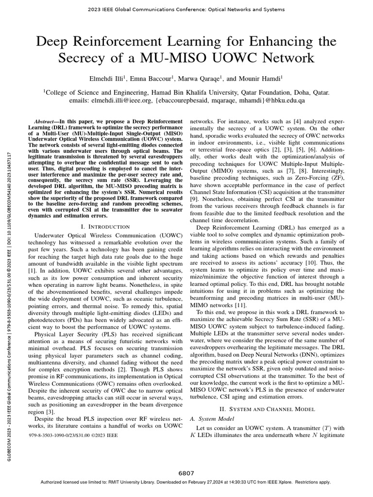 Deep Reinforcement Learning For Enhancing The Secrecy Of A Mu Miso Uowc Network Pdf