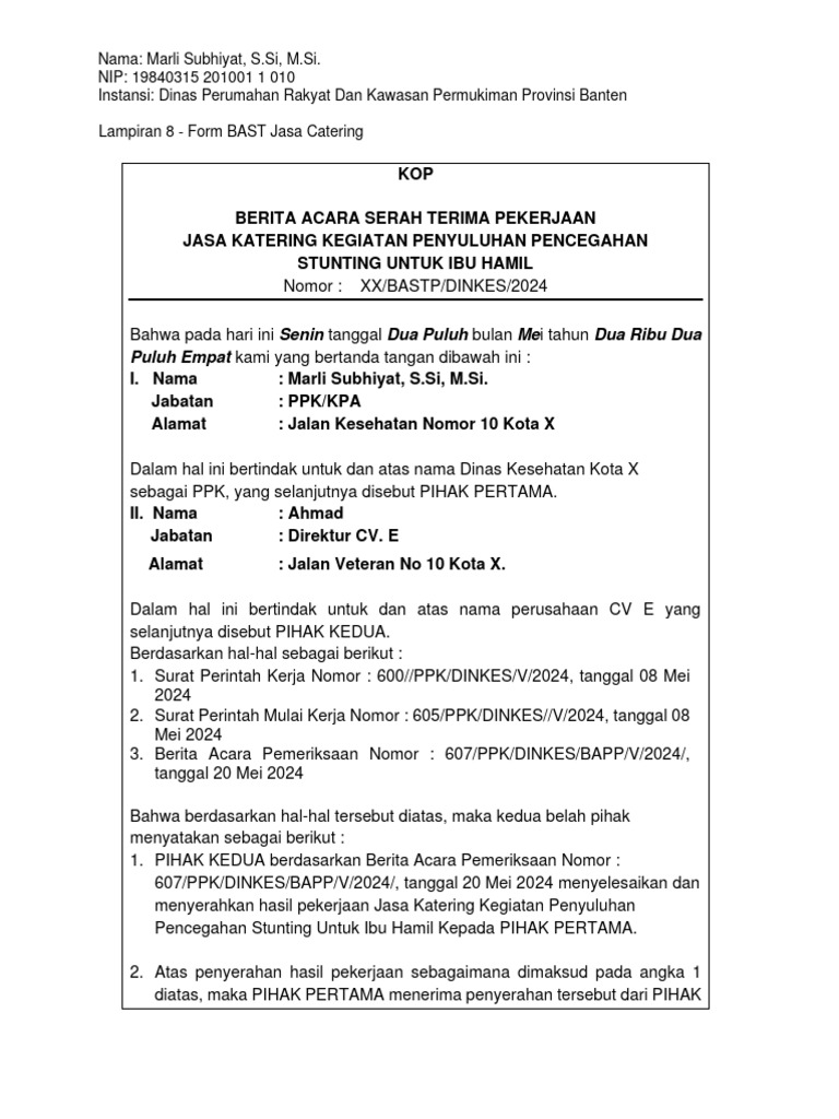 Form BAST Jasa Katering Stunting | PDF | Bisnis