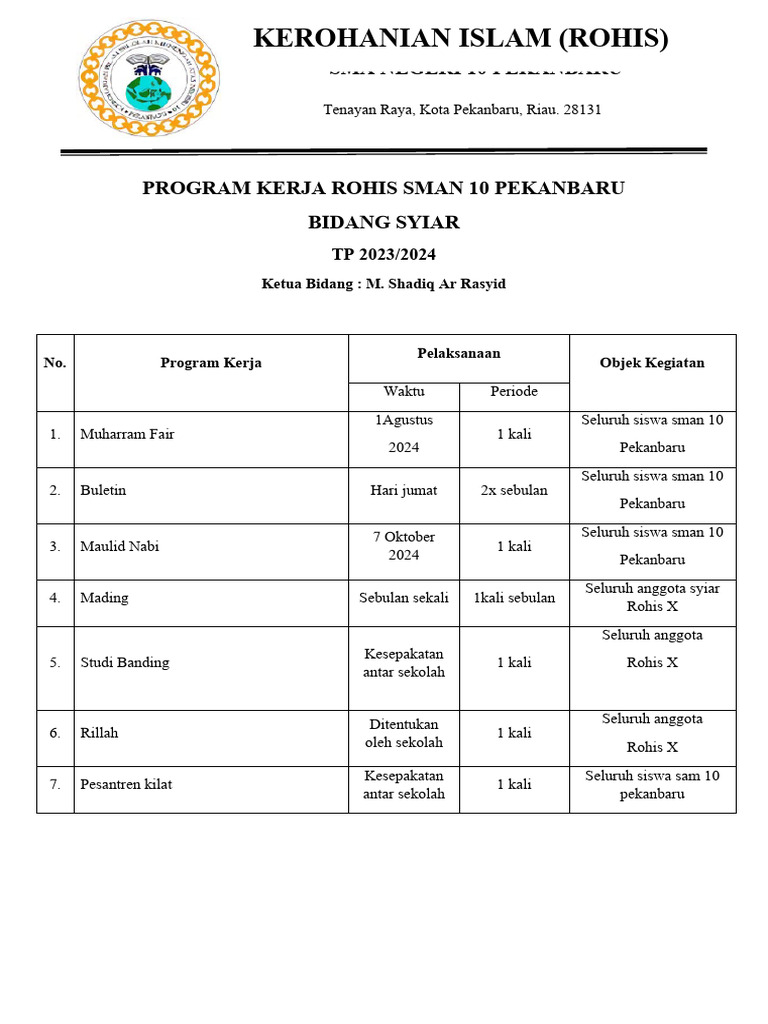 Program Kerja Syiar Rohis X TP 23-24-1 | PDF