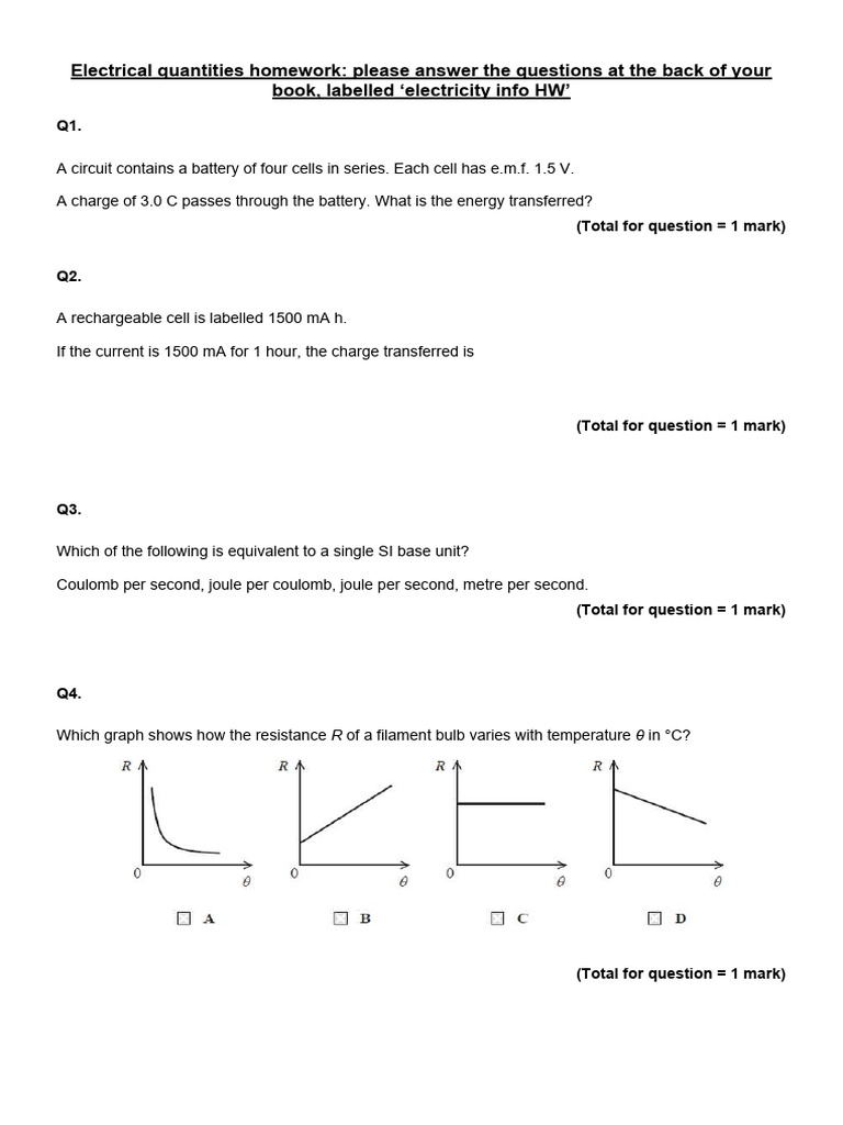 Electrical Quantities Homework Questions | PDF | Light Emitting Diode ...