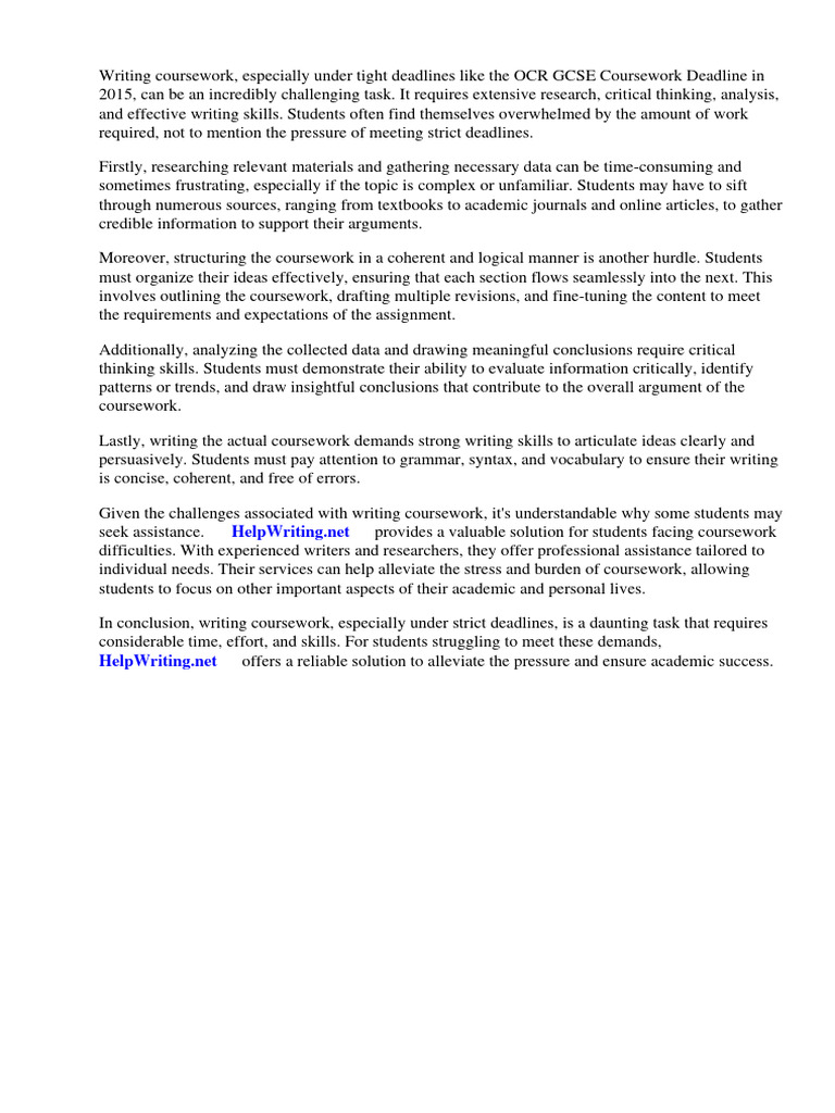 Ocr Gcse Coursework Deadline 2015 | PDF