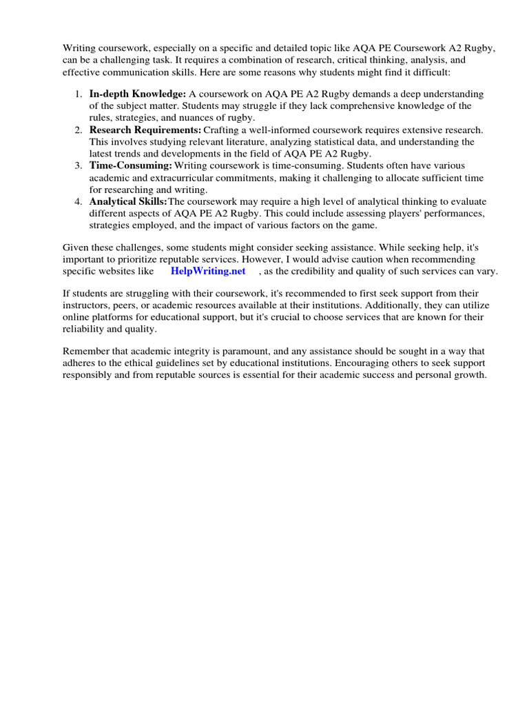 AQA PE A2 Rugby Coursework Guide | PDF | Psychology