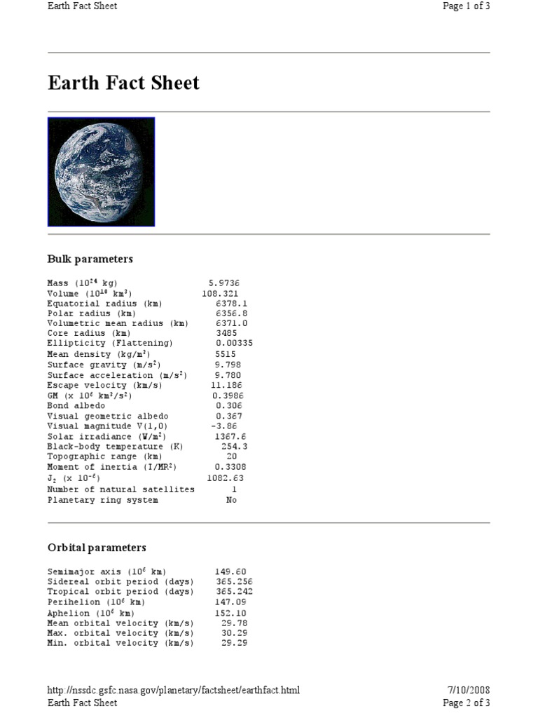 Earth Fact Sheet_NASA | Atmosphere | Orbit