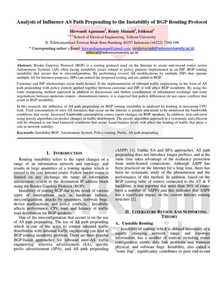 Analysis of Influence As Path Prepending To The Instability of BGP Routing Protocol | PDF