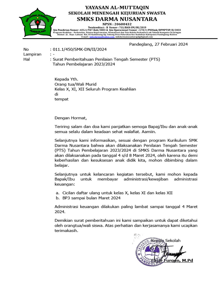 Surat Pemberitahuan PTS Genap 2023-2024 | PDF