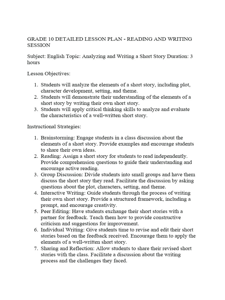 Grade 10 Short Story Lesson Plan | PDF | Reading Comprehension | Lesson ...