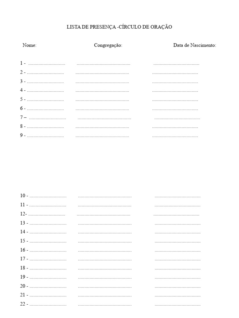 Lista de Presença - Circulo de Oração | PDF