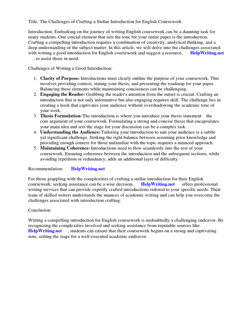 How To Write A Good Introduction For English Coursework Pdf Essays