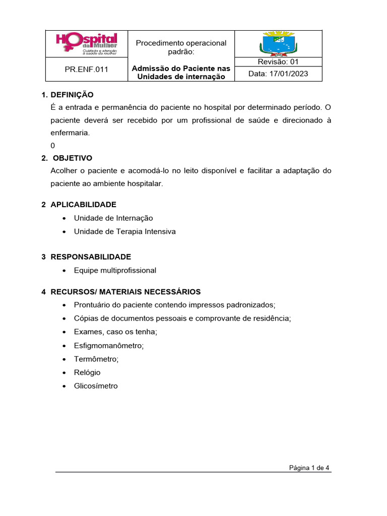 POP ENF 011 Admissão Do Paciente | PDF | Enfermagem | Hospital