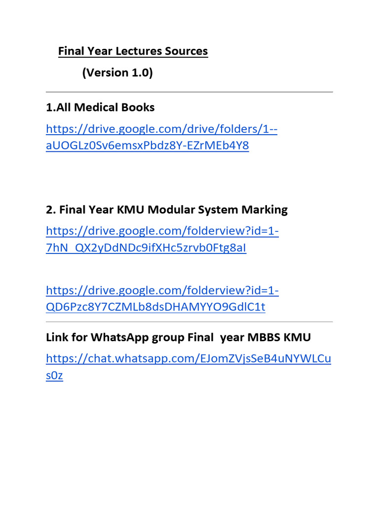 Final Year MBBS Video Lectures Links (Version - 1) | PDF | Medical ...