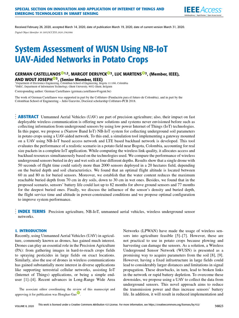 System Assessment of WUSN Using NB-IoT UAV-Aided Networks in Potato Crops | PDF | Wireless ...