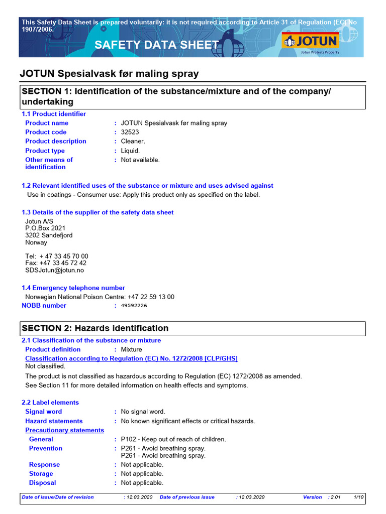 JOTUN Pre-Painting Cleaner Spray | PDF | Waste | Materials