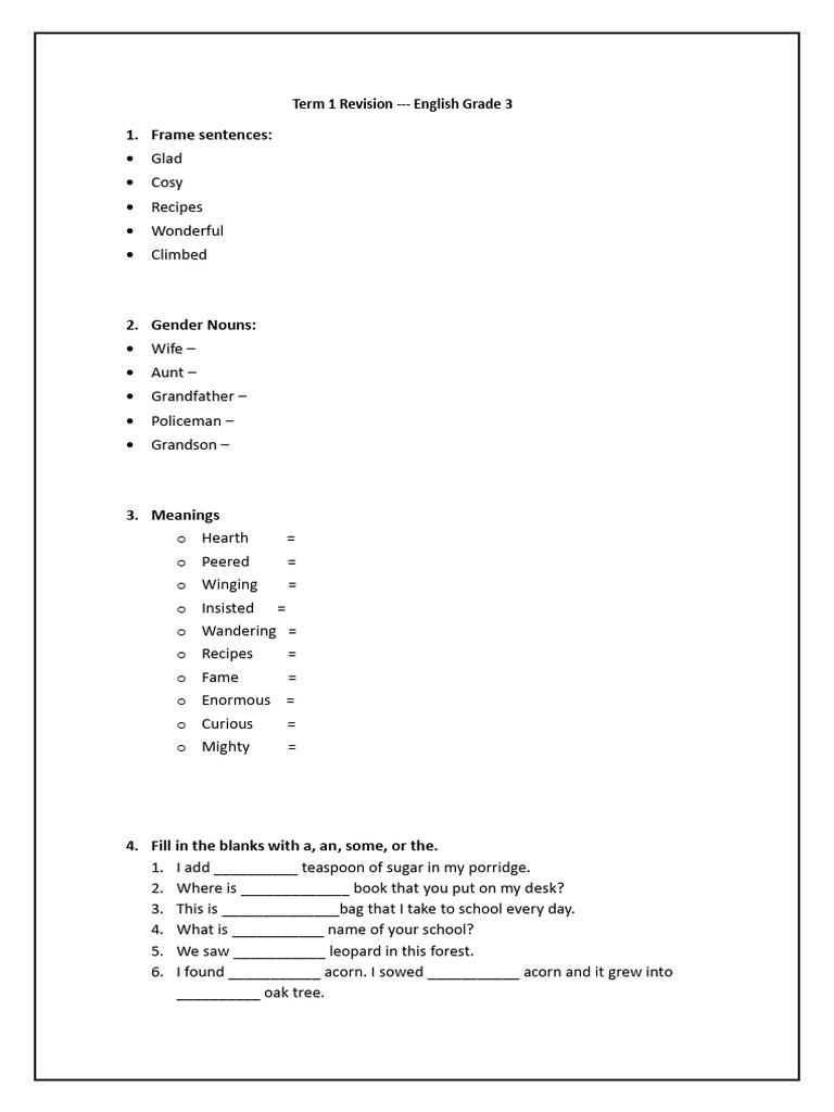 Grade 3 Term 1 English Revision | PDF