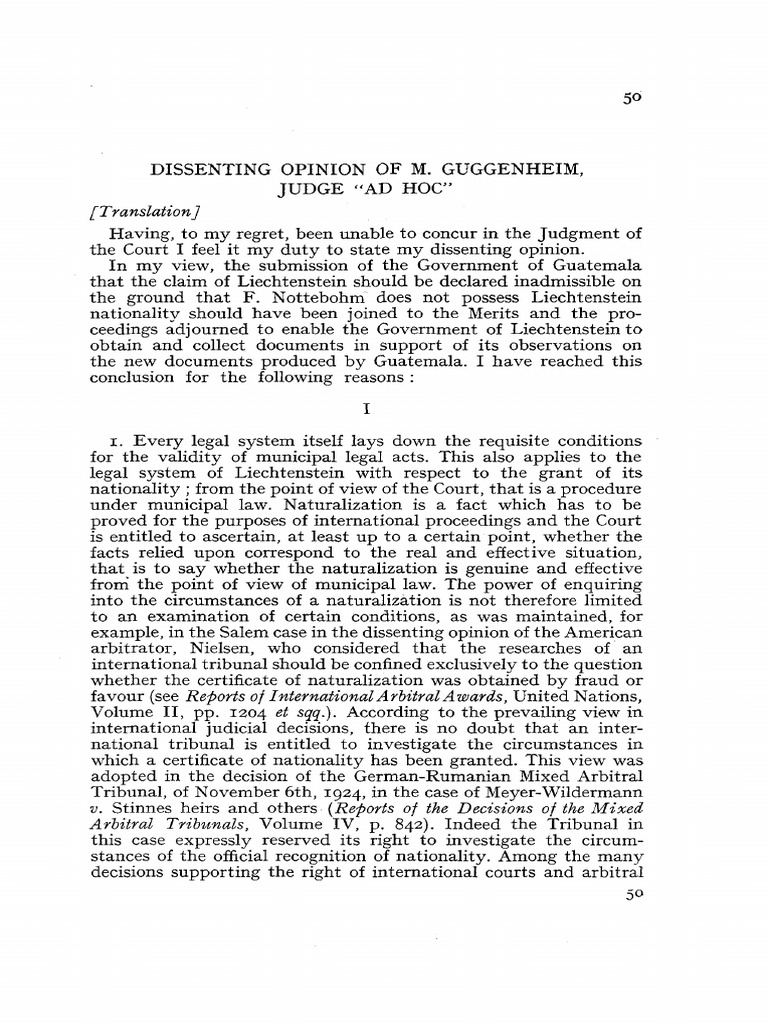 Dissent on Nottebohm's Nationality | PDF | International Law | Nationality