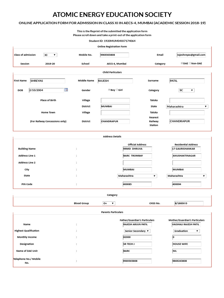 AECS-4 Mumbai Class XI Admission Form | PDF